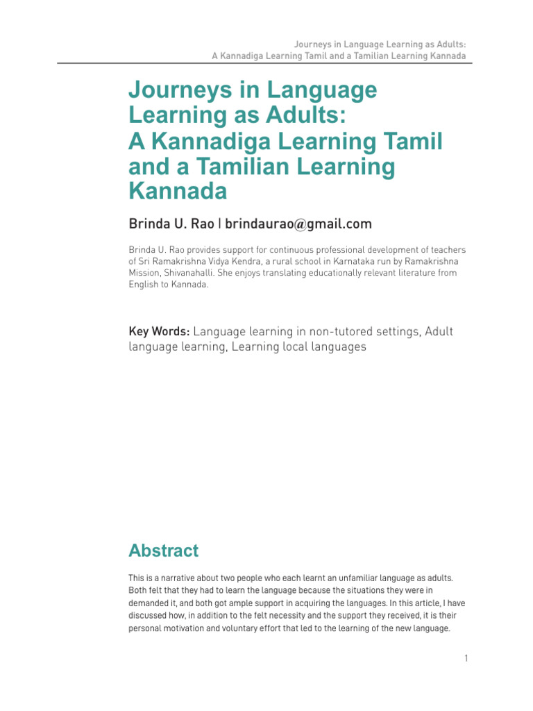 1 - Journeys in Language Learning As Adults - A Kannadiga Learning Tamil and A Tamilian Learning ...