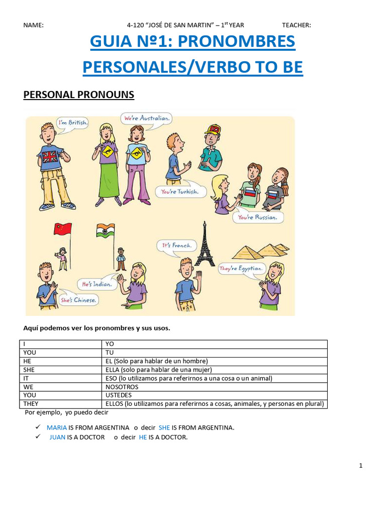 Guia Nº1 Personal Pronouns and Verb To Be | PDF | Grandparent ...