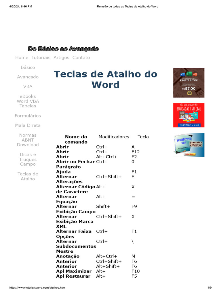 Teclas de Atalho do Word: Guia Completo | PDF | Atalho de teclado ...