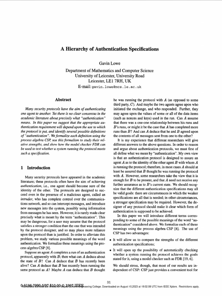A Hierarchy of Authentication Specifications | Download Free PDF | Authentication | Computer Science