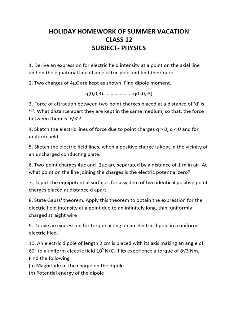 Physics Holiday Homework of Summer Vacation Class 12 | Download Free ...
