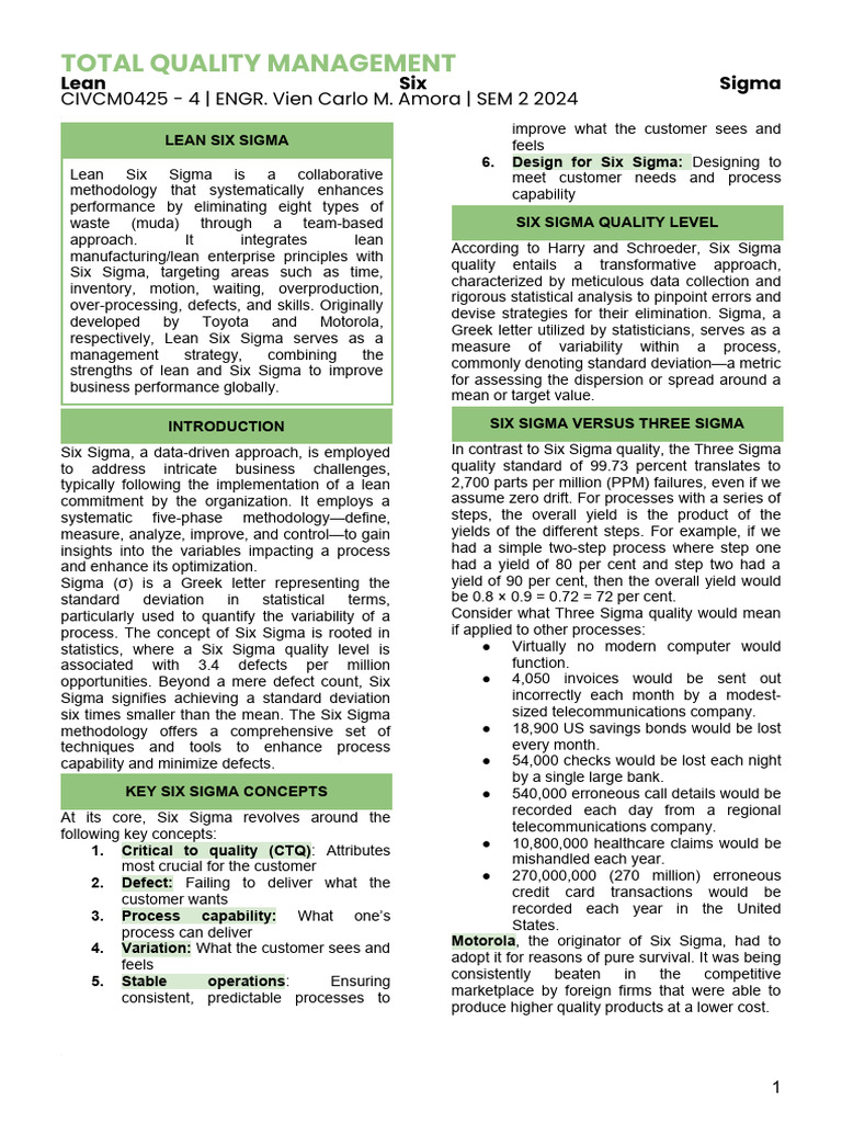 TQM - Module 5 | Download Free PDF | Six Sigma | Standard Deviation