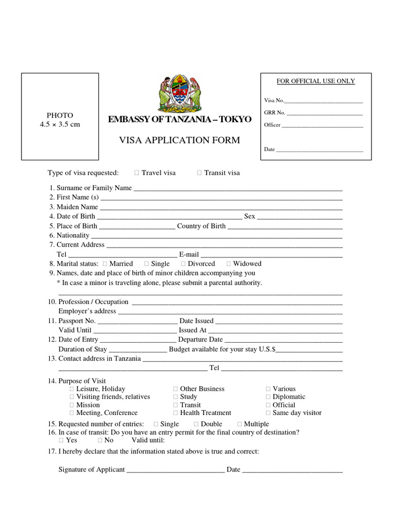 Visa Application Form Tanzania Embassy | PDF | Travel Visa | Cultural ...