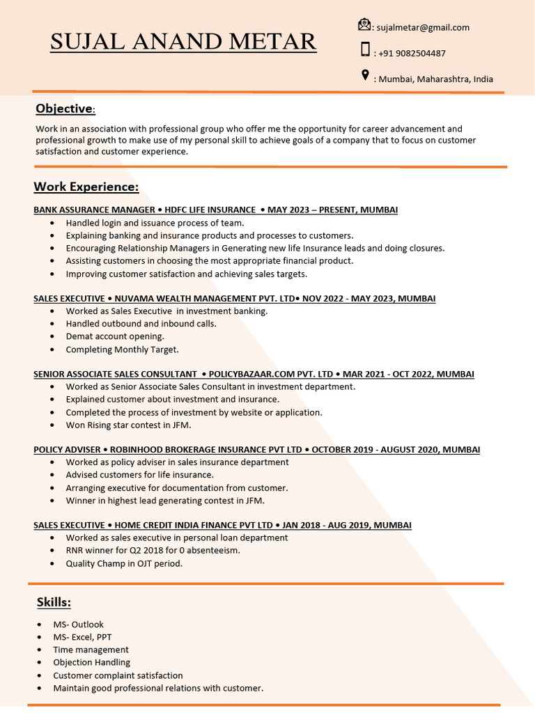 Resume Sujal Metar | PDF | Sales | Insurance