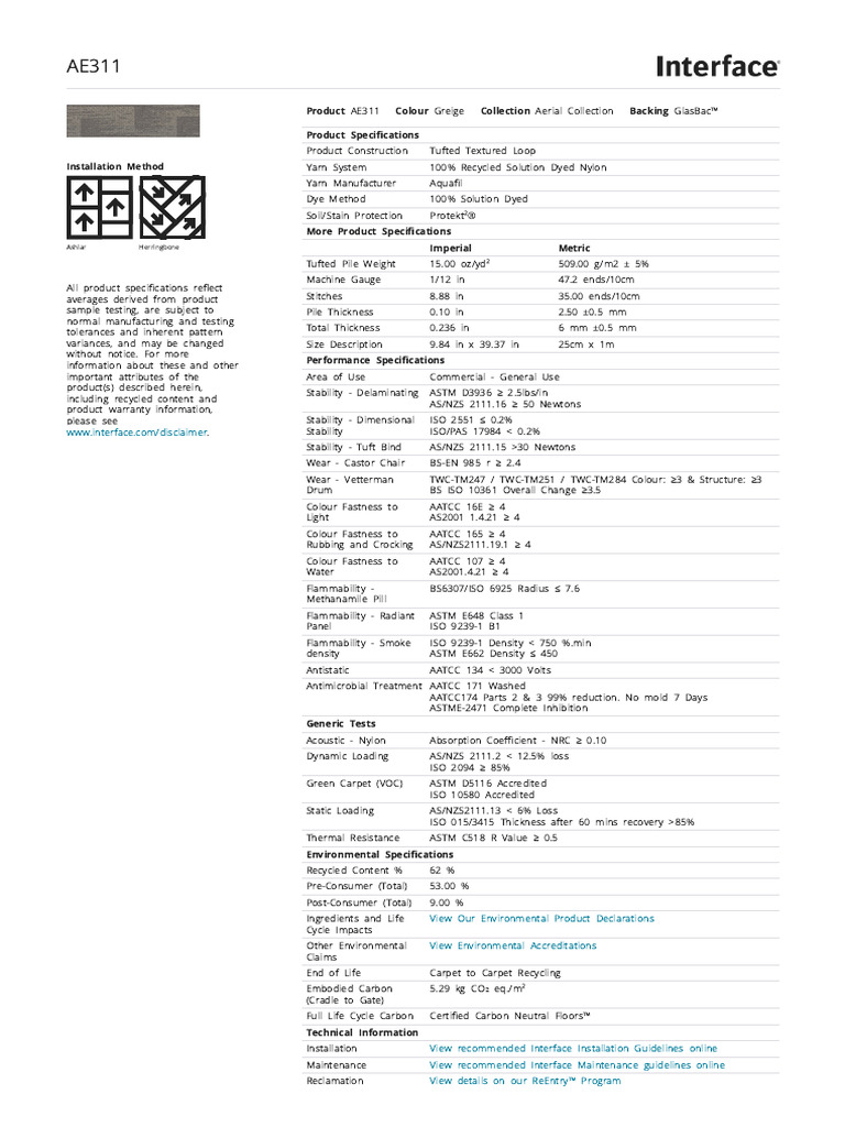 Interface AE311 Greige Spec | PDF | Dyeing | Carpet
