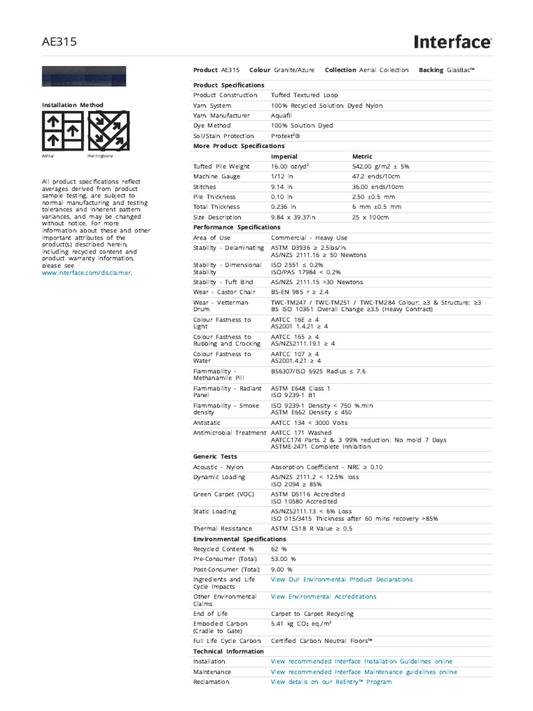 Interface AE315 Granite - Azure Spec | PDF | Dyeing | Life Cycle Assessment