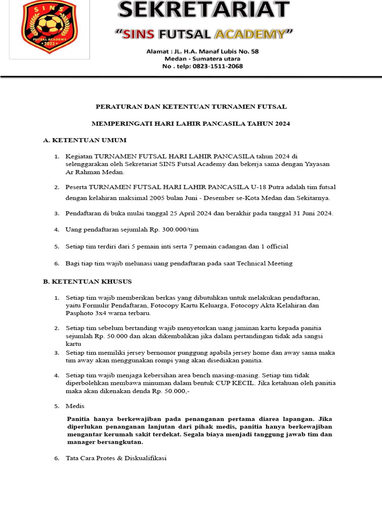 PERATURAN dan HADIAH TURNAMEN FUTSAL HARI LAHIR PANCASILA U-18 PUTRA ...