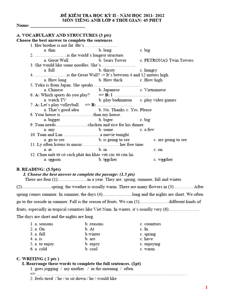 Tổng hợp đề kiểm tra tiếng Anh lớp 6 HKII | PDF