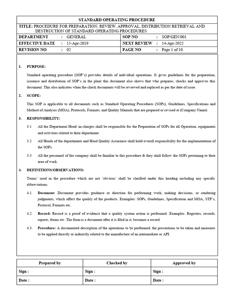 General SOP No. 001 | PDF | Specification (Technical Standard) | Quality Assurance