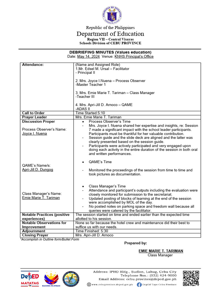 Day 2 Debriefing Minutes Form | PDF