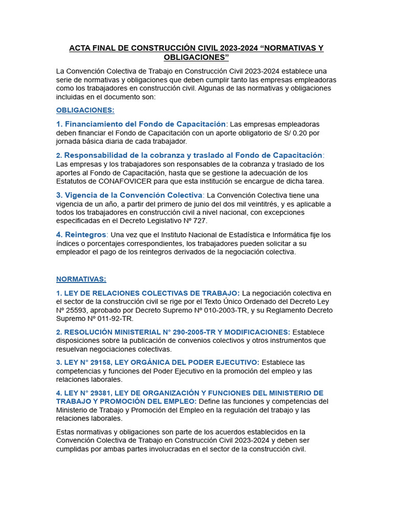 ACTA FINAL DE CONSTRUCCIÓN CIVIL 2023-2024 “NORMATIVAS Y OBLIGACIONES” | Descargar gratis PDF ...