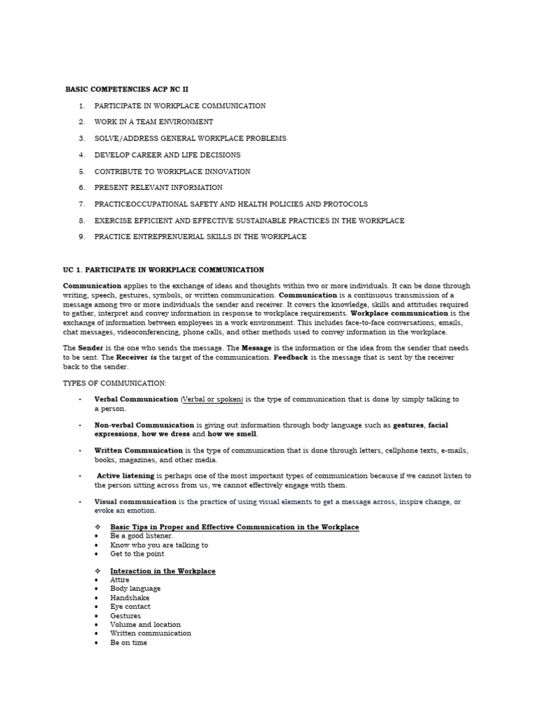 BASIC COMPETENCIES ACP NC II Handouts | PDF | Computer Data Storage | Communication