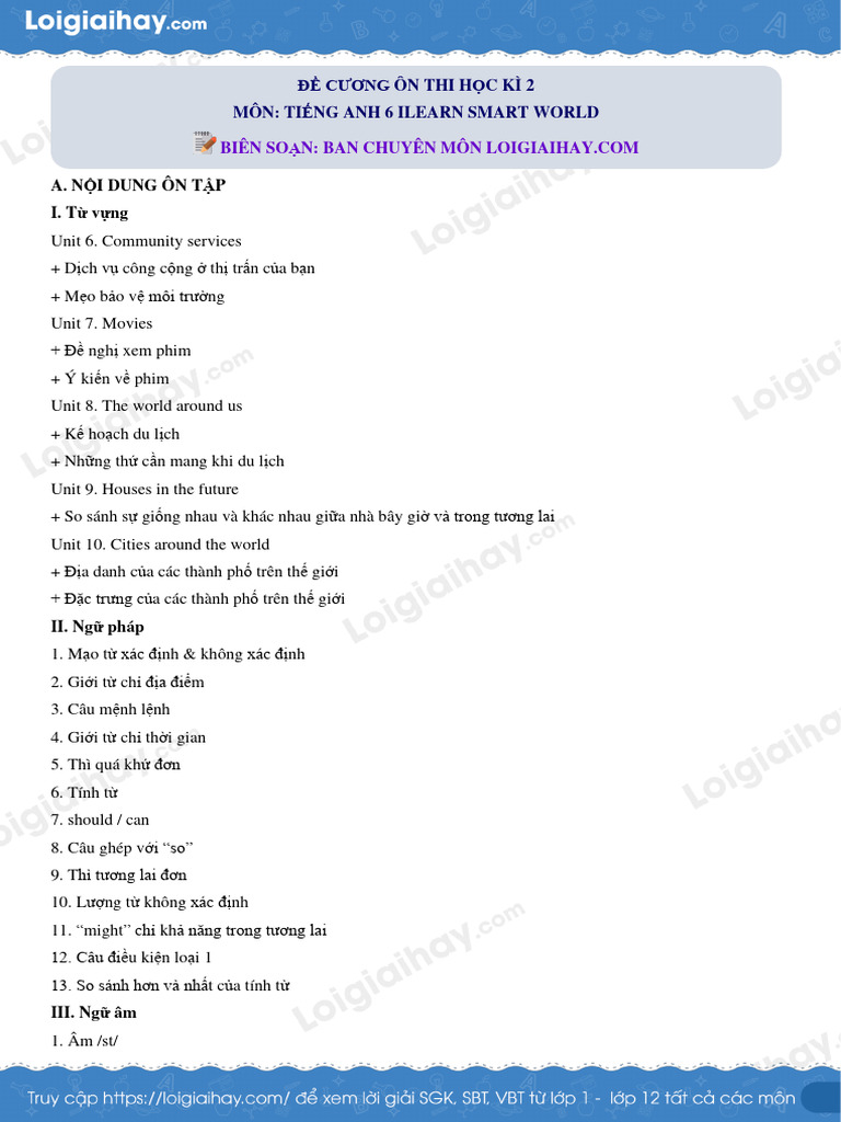 De Cuong On Tap Hk2 Tieng Anh 6 Ilearn Smart World Co Dap An | PDF | Language Arts & Discipline ...