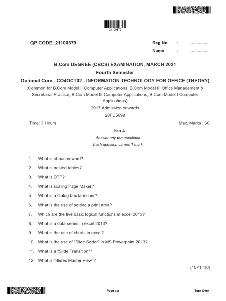 Information Technology For Office (Theory) 2021 | PDF | Microsoft Excel ...