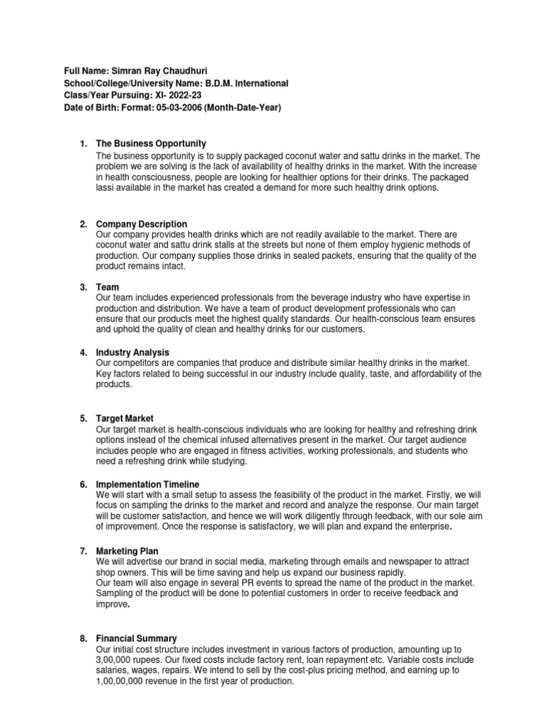 Business Plan Sample - The Young Entrepreneurs' Summit | PDF ...