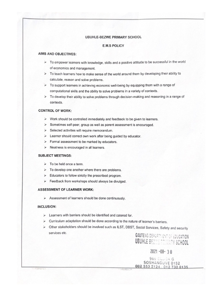 EMS Subject Policy | PDF