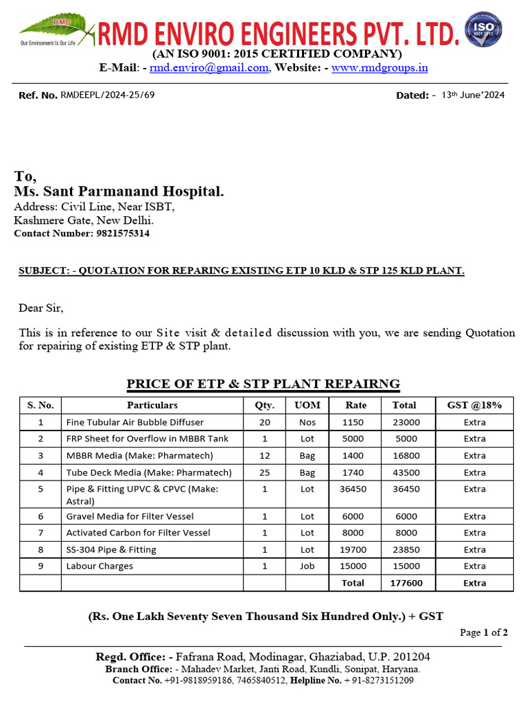 Quotation For Etp & STP Plant Repairing-Sant Parmanand Hospital Civil ...