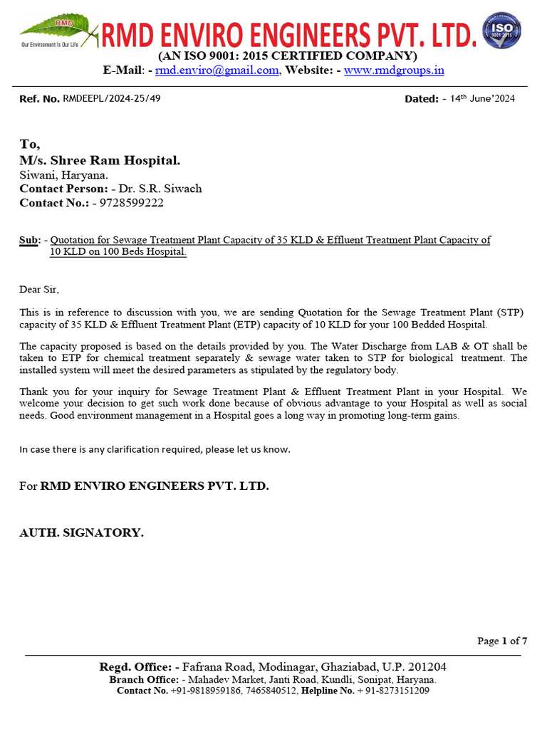 49. QUOTATION FOR 35 KLD STP & 10 KLD ETP PLANT-SHREE RAM HOSPITAL- DT ...