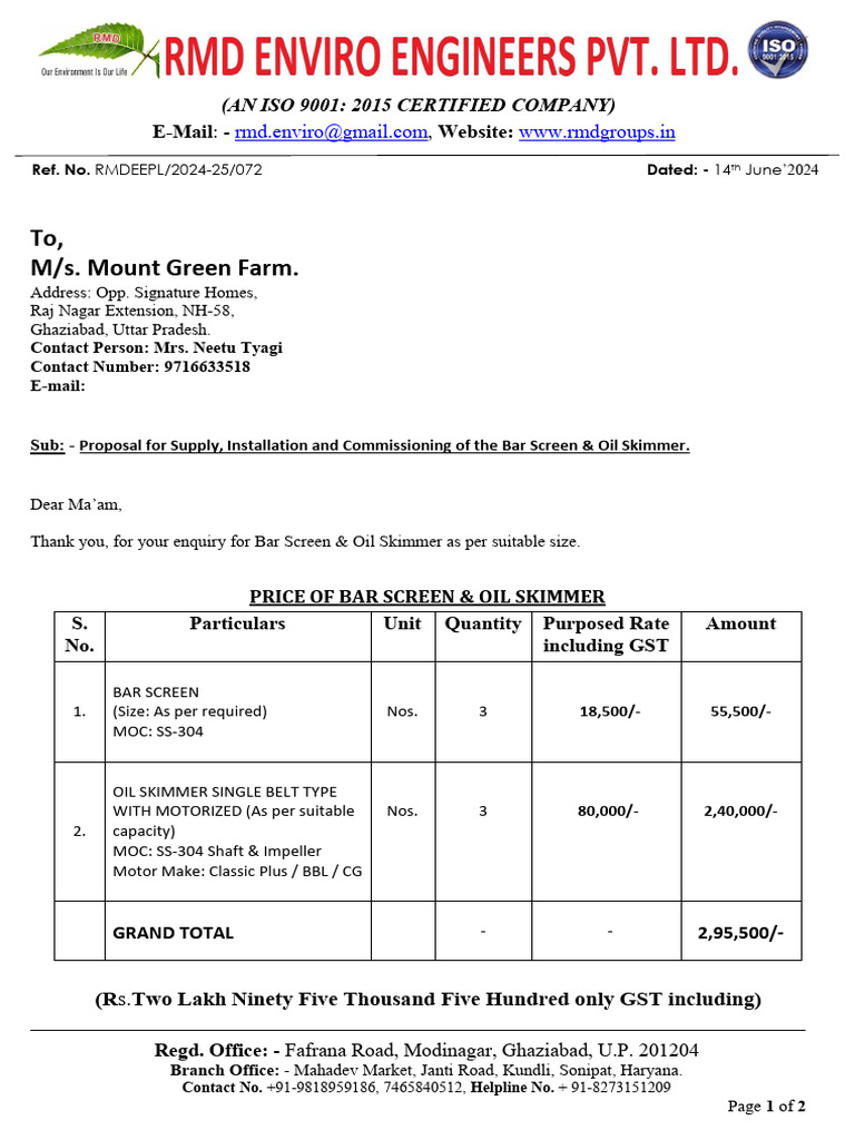 Quotation of Bar Screen & Oil Skimmer For Mount Green Farm Raj Nagar ...