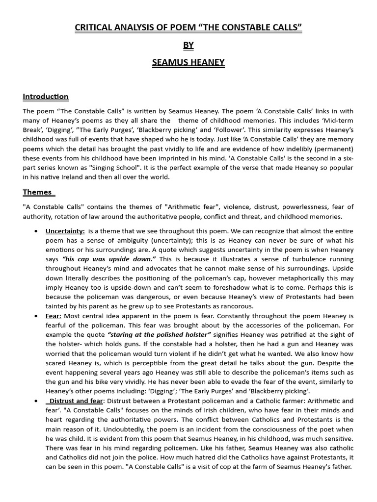 CRITICAL ANALYSIS OF POEM The Constable Calls | PDF | Rhyme | Poetic ...
