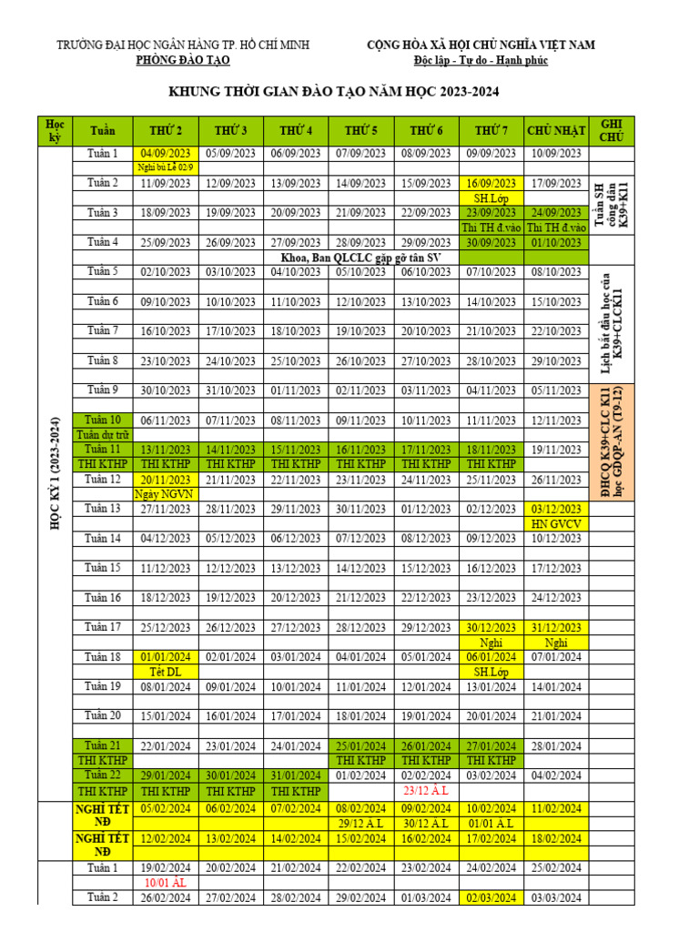 Lịch giảng - Lịch thi các LHP mở trong Học kỳ Hè 2023 - 2024 - TB SV ...