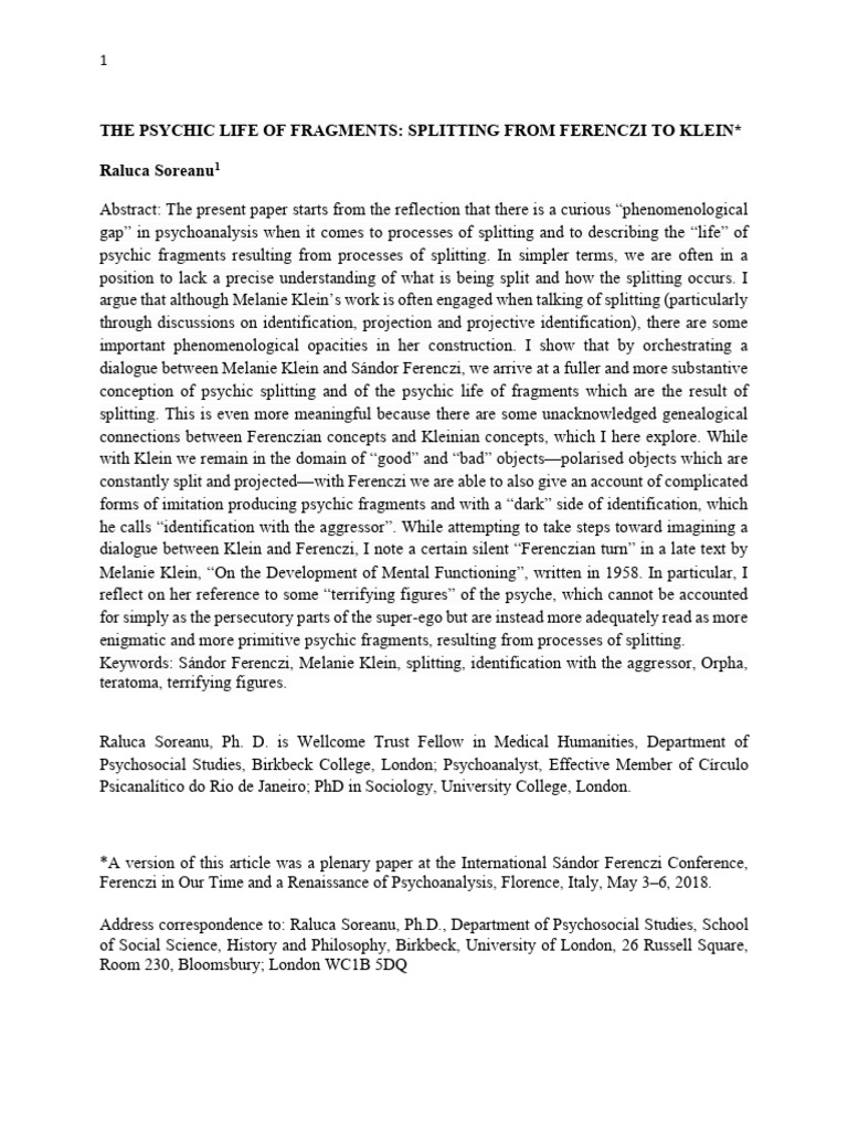 The Psychic Life of Fragments | PDF | Id | Psychoanalysis