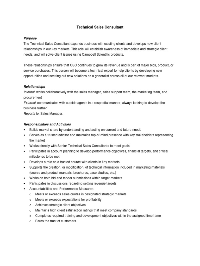 Technical Sales Consultant (Sales) Job Description | Download Free PDF ...