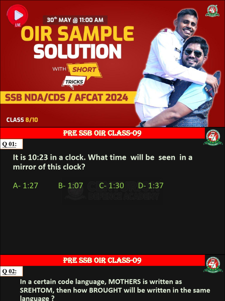 OIR Sample Paper Solution?09 With Short Tricks LIVE Class?for SSB | PDF ...