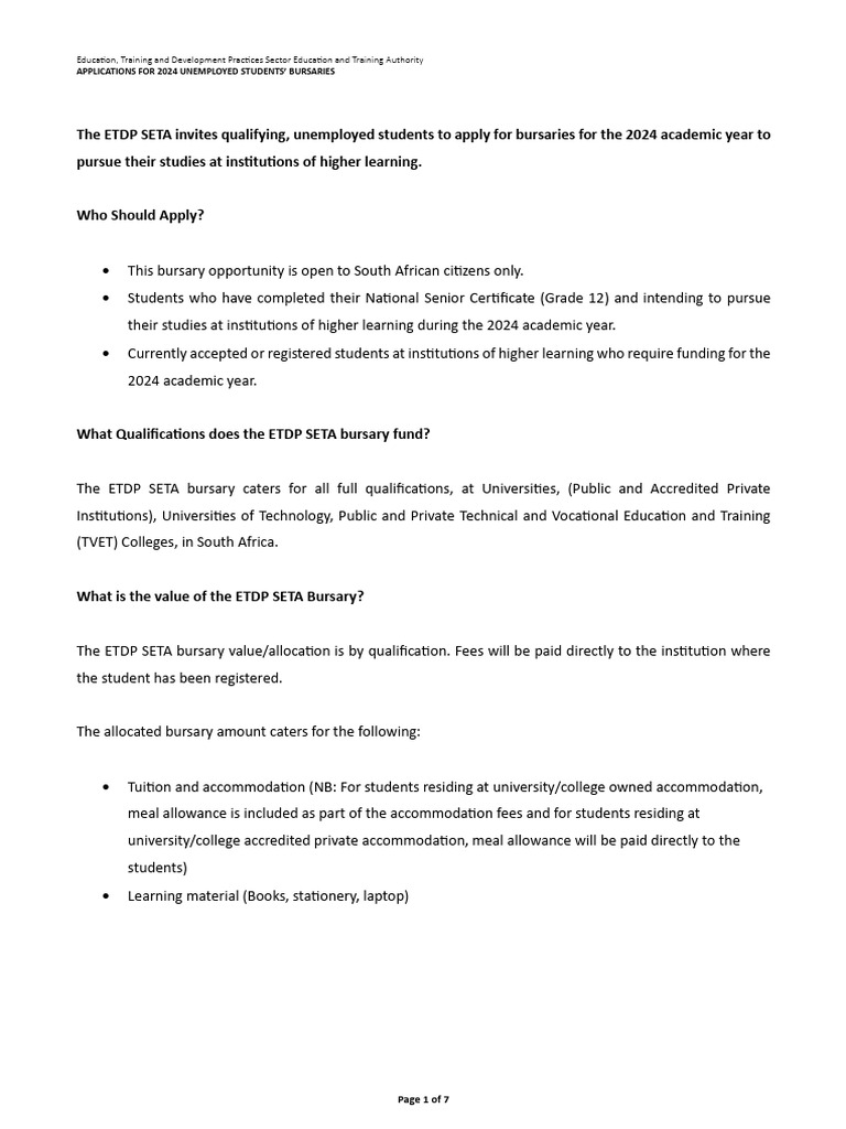 2024 ETDP SETA Unemployed Students Bursaries Application Form ...