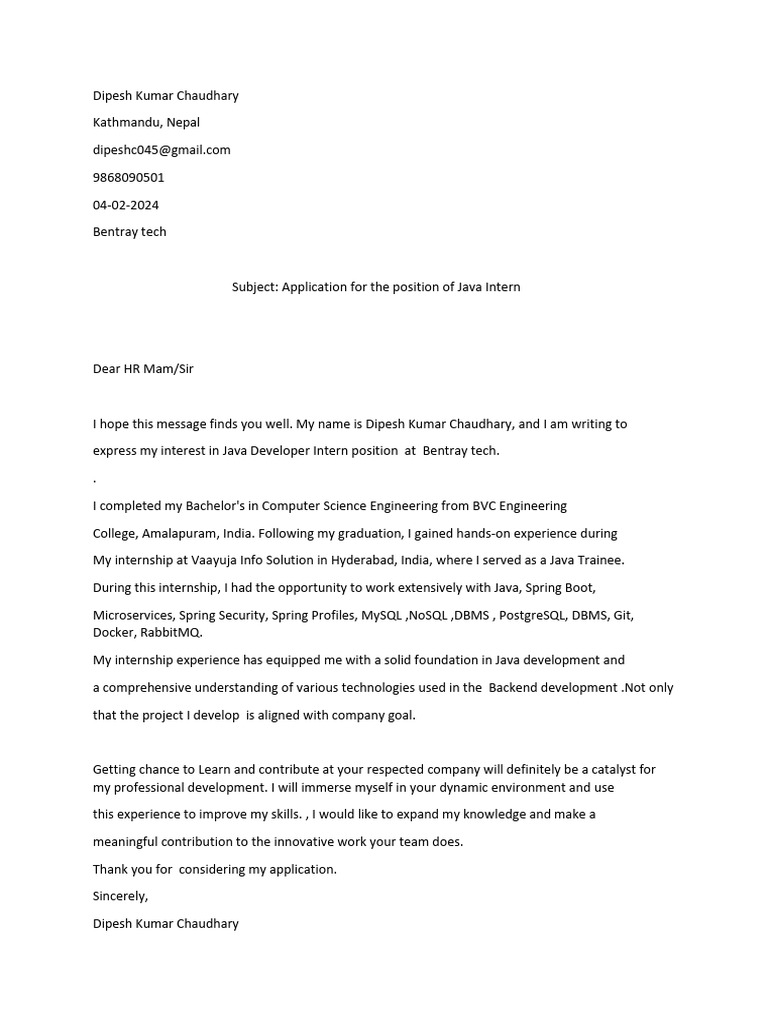 Dipesh Kumar Chaudhary. Cover Letter | PDF