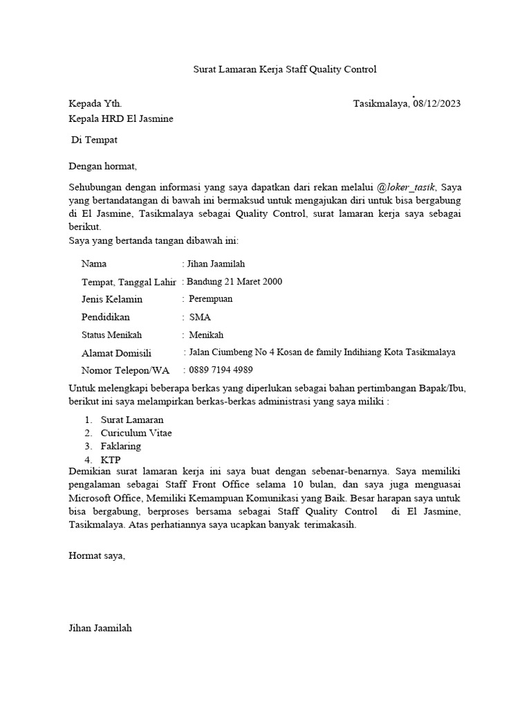 Surat Lamaran Kerja Quality Control | PDF | Bisnis