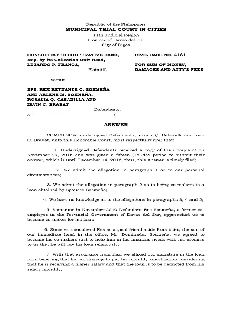 Republic of The Philippines - CCB | PDF | Complaint | Loans
