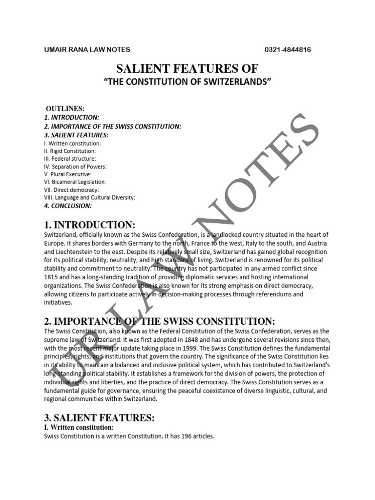 Salient Features of Swiss Constitution | PDF | Switzerland | Separation ...