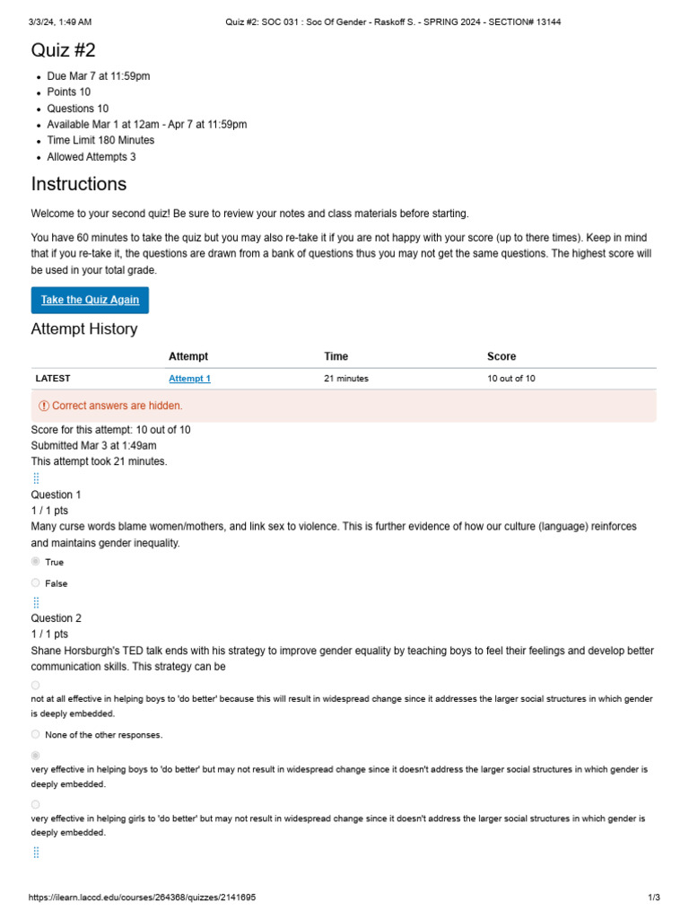 10 Out of 10 Quiz #2 - SOC 031 - Soc of Gender - Raskoff S. - SPRING ...