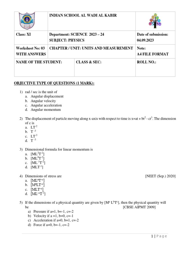 8106262-Class 11 - Physics - Units and Measurements - Ws With Ans. - Vivette | PDF | Force ...
