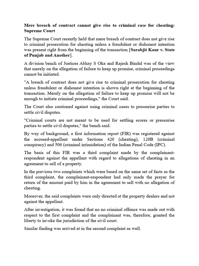 Mere Breach of Contract Cannot Give Rise To Criminal Case For Cheating ...