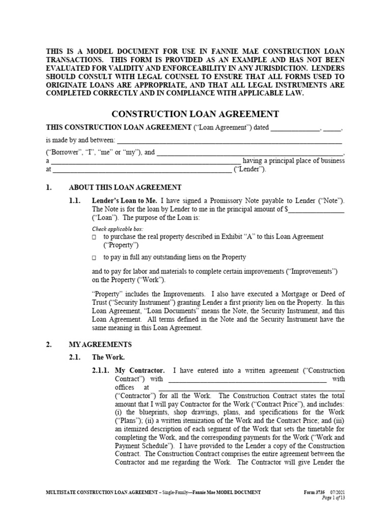 Form 3735 - Multistate Construction Loan Agreement - FNMA Model Doc 07 ...