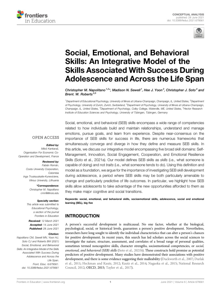 Social Emotional and Behavioral Skills An Integrat | PDF | Adolescence ...