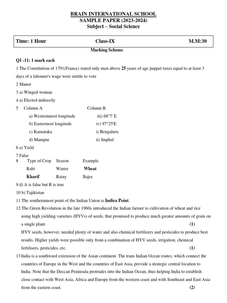 Class IX Social Science Sample Paper | PDF | Wheat | Green Revolution