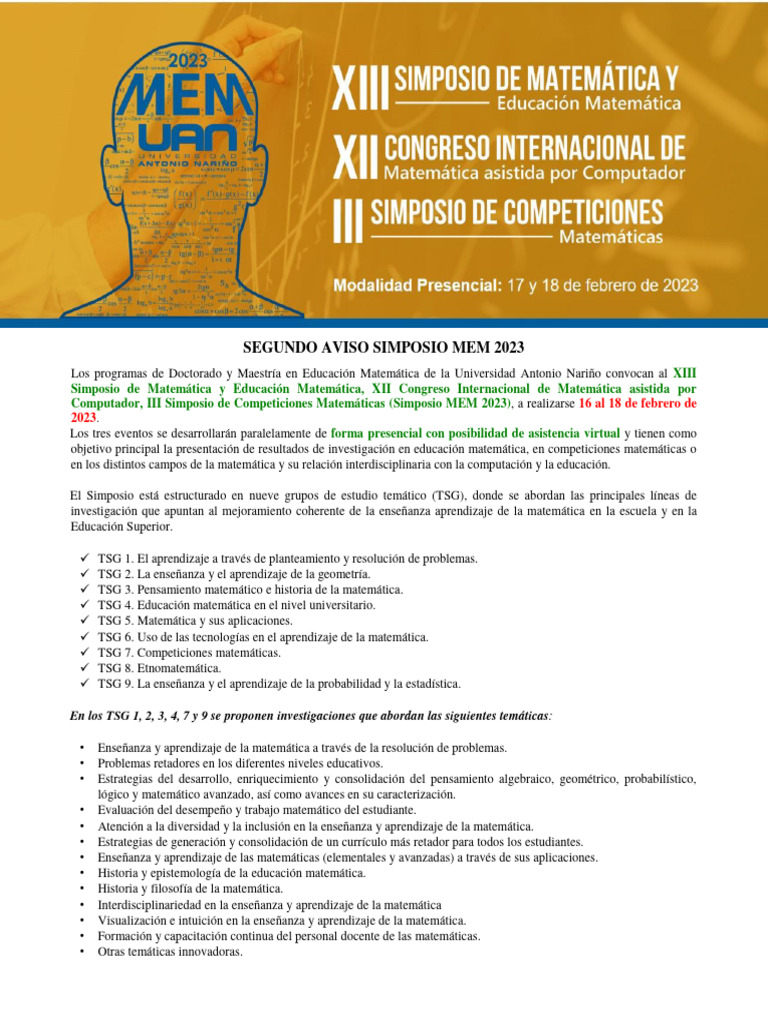 Segundo aviso Simposio MEM 2023 | Descargar gratis PDF | Matemáticas ...
