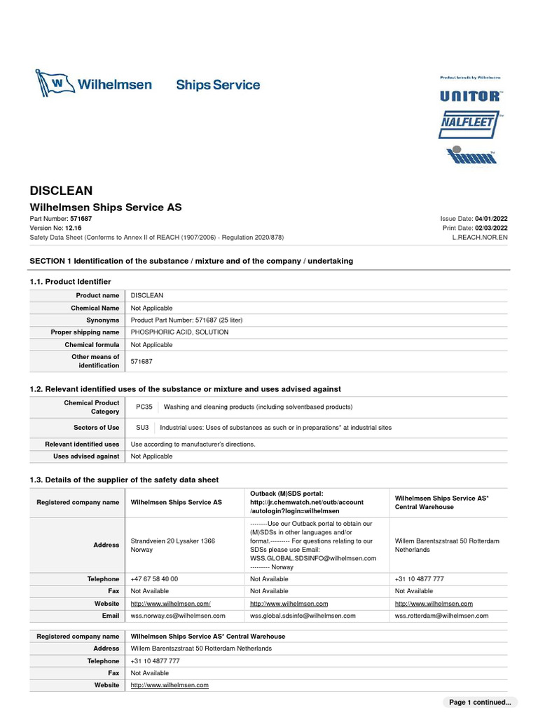 DISCLEAN Safety Data Sheet (SDS) | PDF | Chemistry | Occupational ...