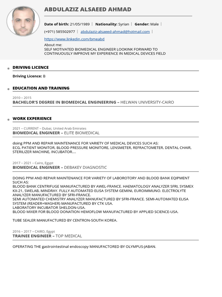 Biomedical Engineer Resume UAE | PDF