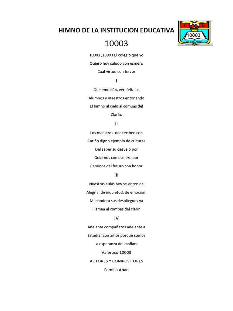 Himno del Colegio 10003 Chiclayo | PDF