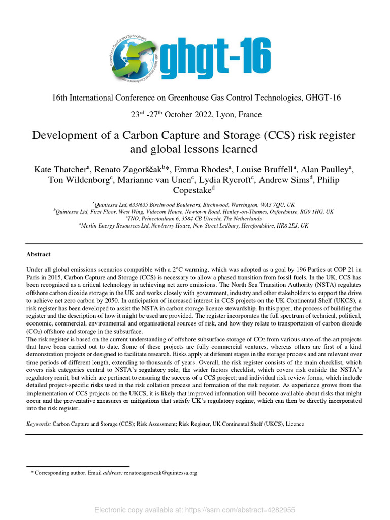 Development of A Carbon Capture and Storage (CCS) Risk Register and ...
