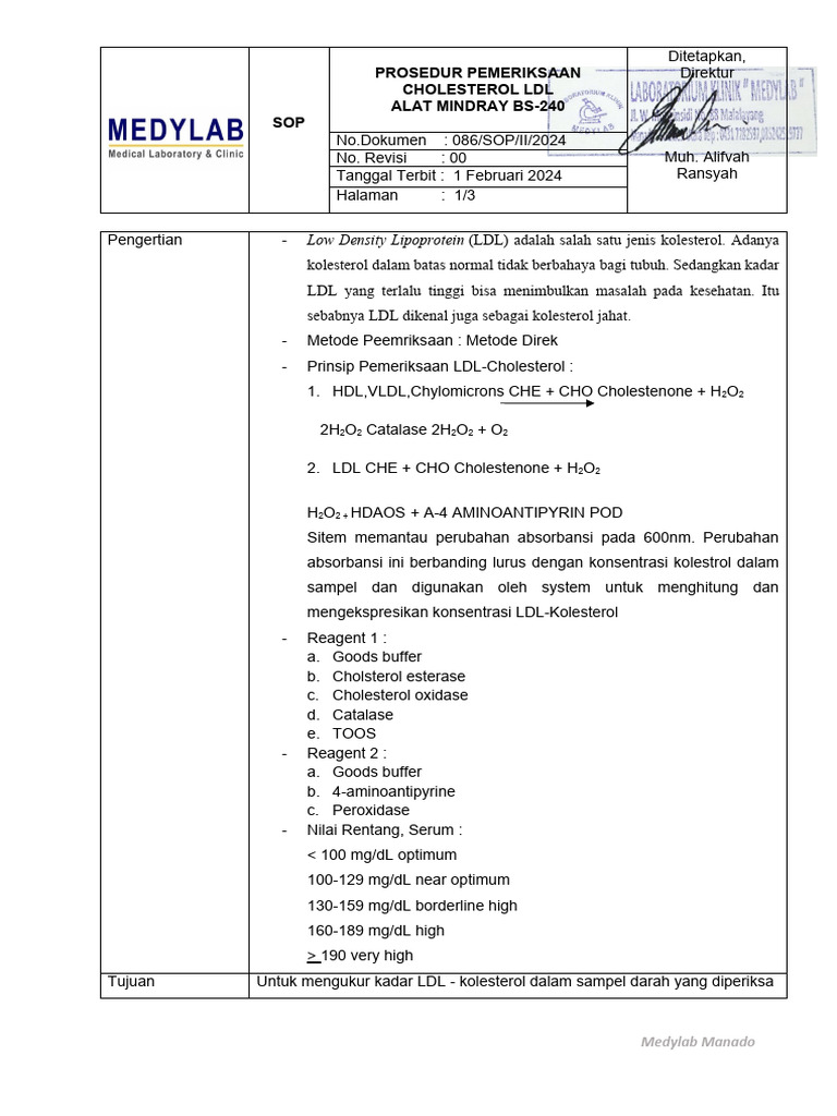 SOP PEMERIKSAAN HDL ALAT MINDRAY BS-240 | PDF