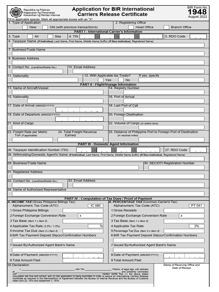 BIR Form No. 1948final | PDF | Taxes | Cargo