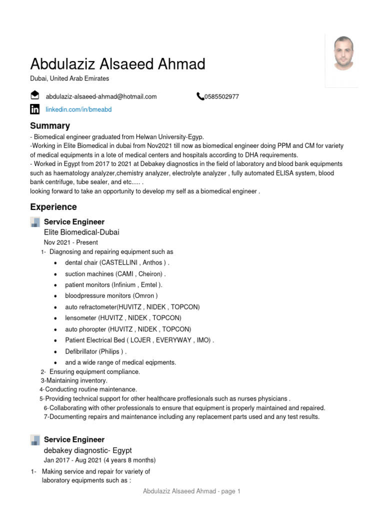 Abdulaziz Alsaeed Ahmad: Service Engineer | PDF | Biomedical ...