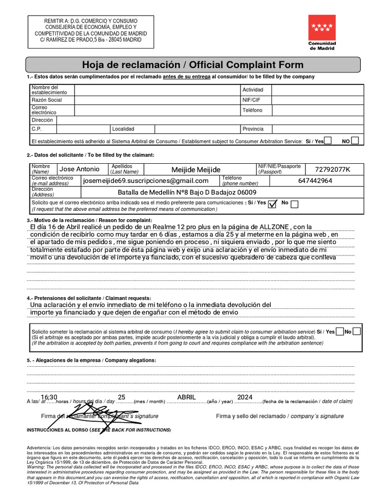 Modelo Hoja Reclamaciones Profesionales Empresarios 013053 | PDF | Judicaturas | Resolución de ...