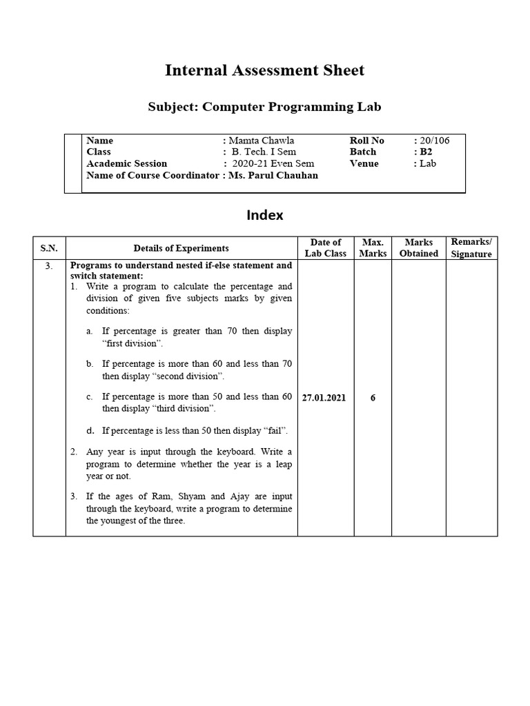 Internal Assessment Sheet 3 Mamta Chawla | PDF | Computer Science | Computing