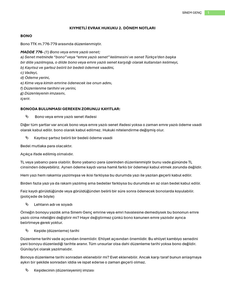 KIYMETLİ EVRAK HUKUKU 2. DÖNEMmm | PDF